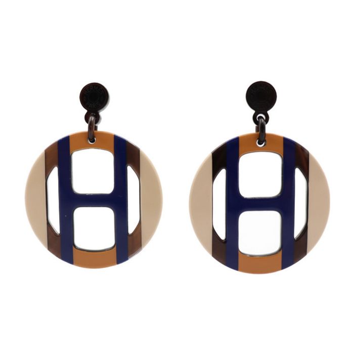 Hermes HERMES H Equipe Earrings Buffalo Horn Lacquer Wood SABLE MARINE ...