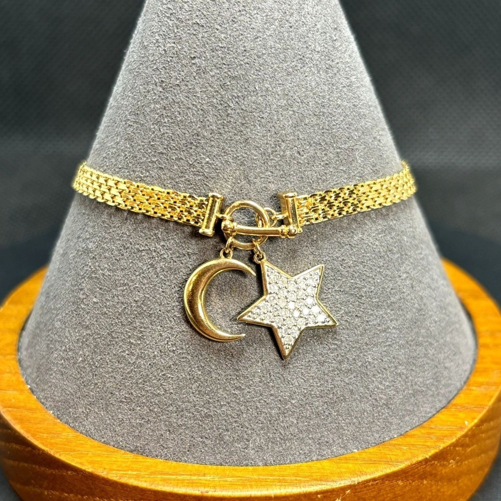 Vintage I8K Gold Over Sterling Silver Moon & Diamond Star Mesh Link ...