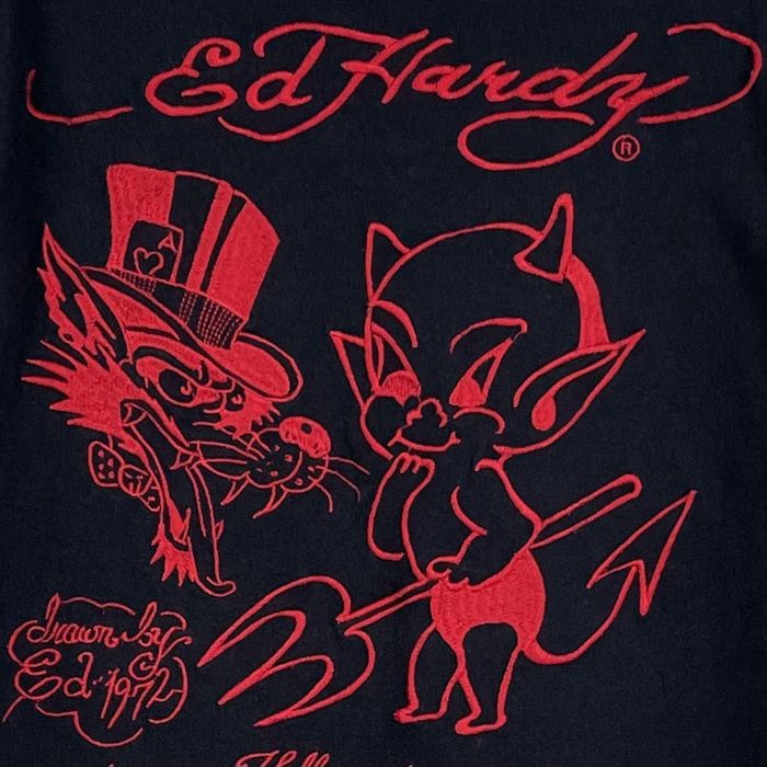 Vintage ☠️ED HARDY Wolf/Devil Embroidered Long Sleeve | Grailed