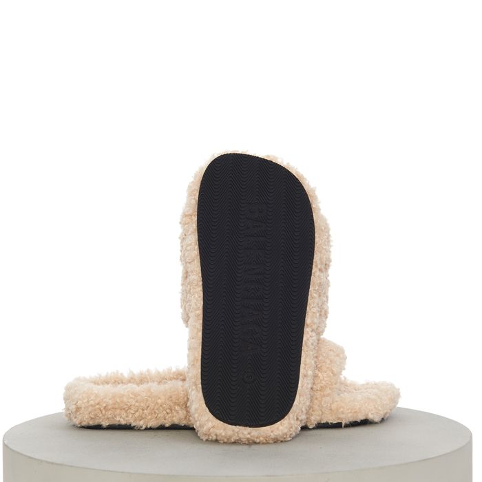 Balenciaga Men's Furry Slide Sandal In Beige Shearling With Embroidery ...
