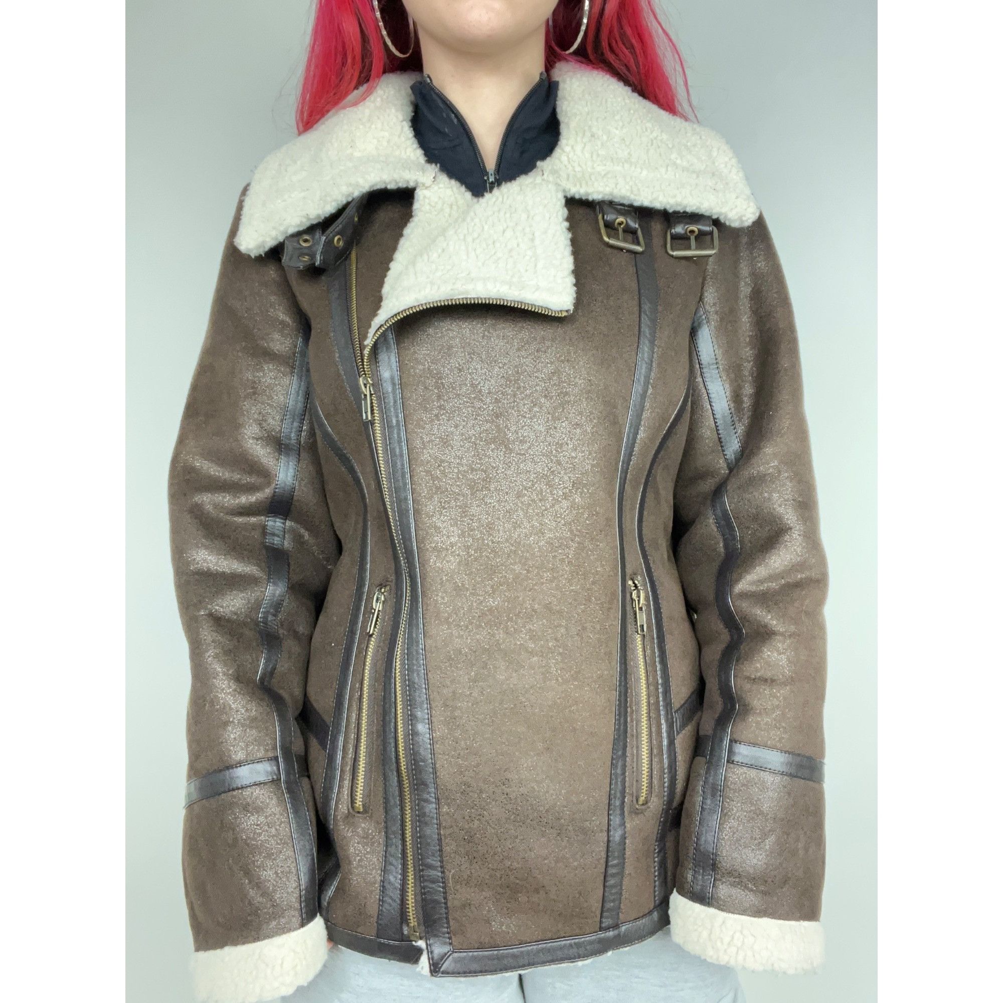 Novelti Y2K Novelti Aviator Shearling Faux Fur Bomber Biker Jacket ...