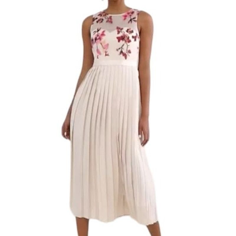 Asos Asos Cream Pink Embroidered Flowers Pleated Midi Dress sz 6 | Grailed