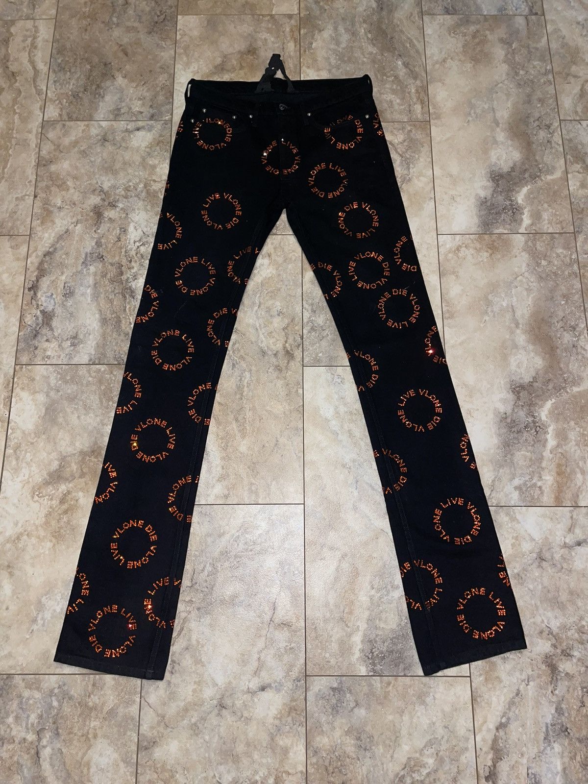 Vlone Vlone Orange Rhinestone Stacked Black Denim Jeans Size 32 | Grailed