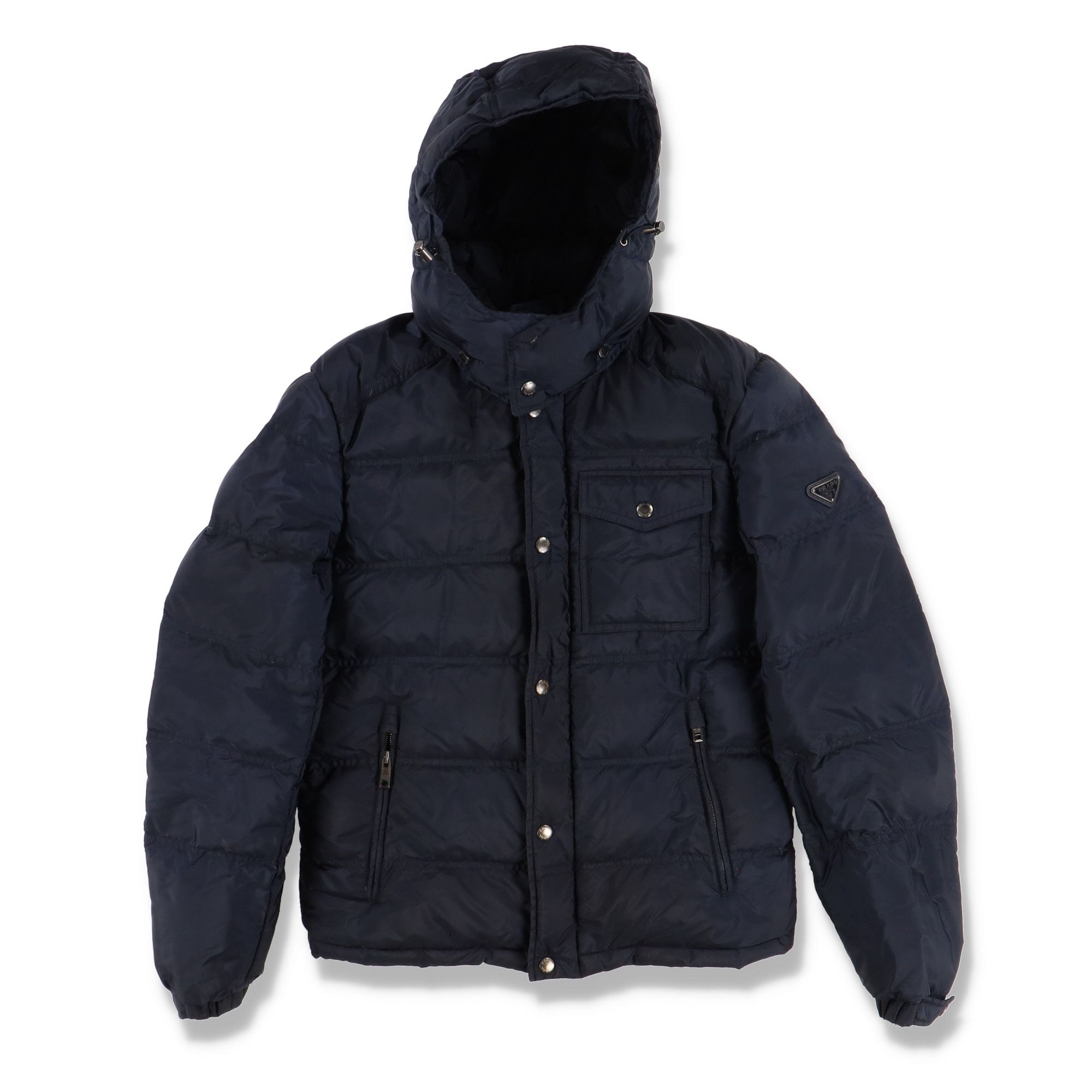 Prada Blue Hooded Logo Triangle Plaque Puffer Jacket | Grailed