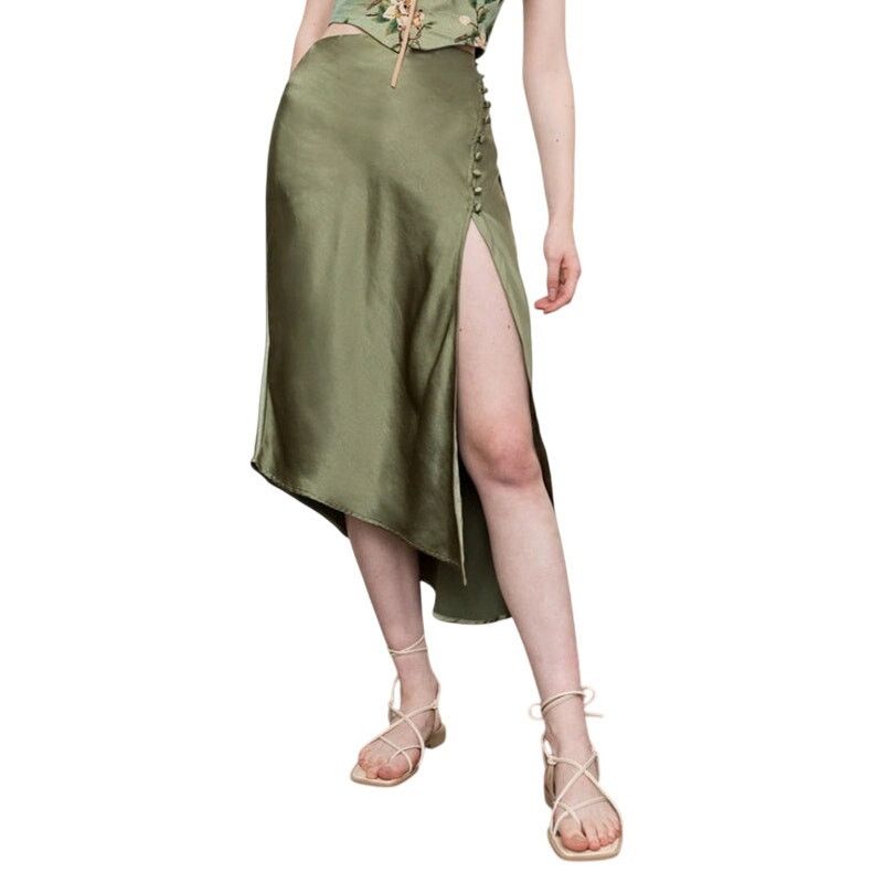 Other Micas Olive Green Asymmetric Hem Slit Button Deco Skirt | Grailed