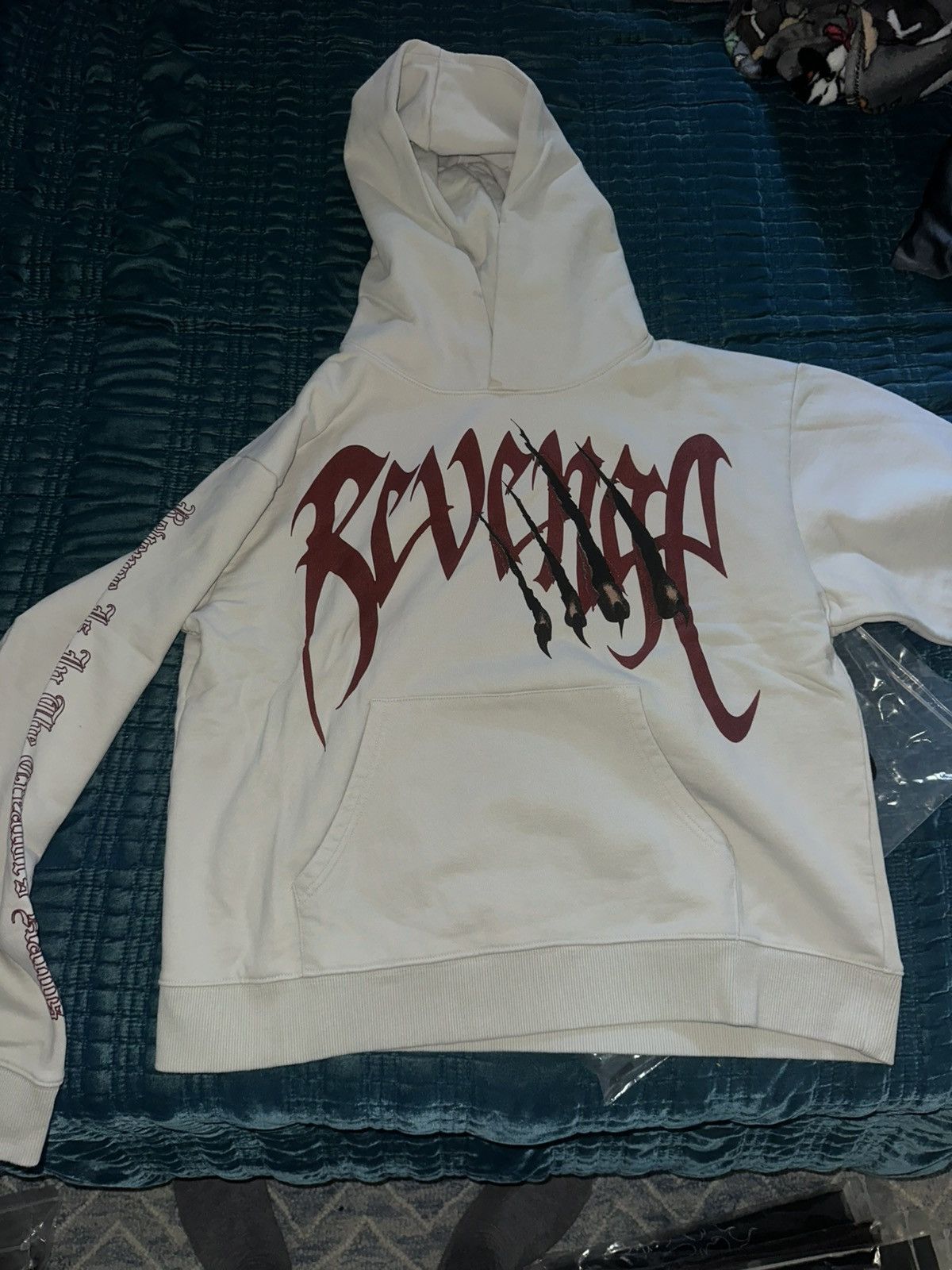 Revenge Arch Logo Claw Hoodie Cement/Red | Grailed