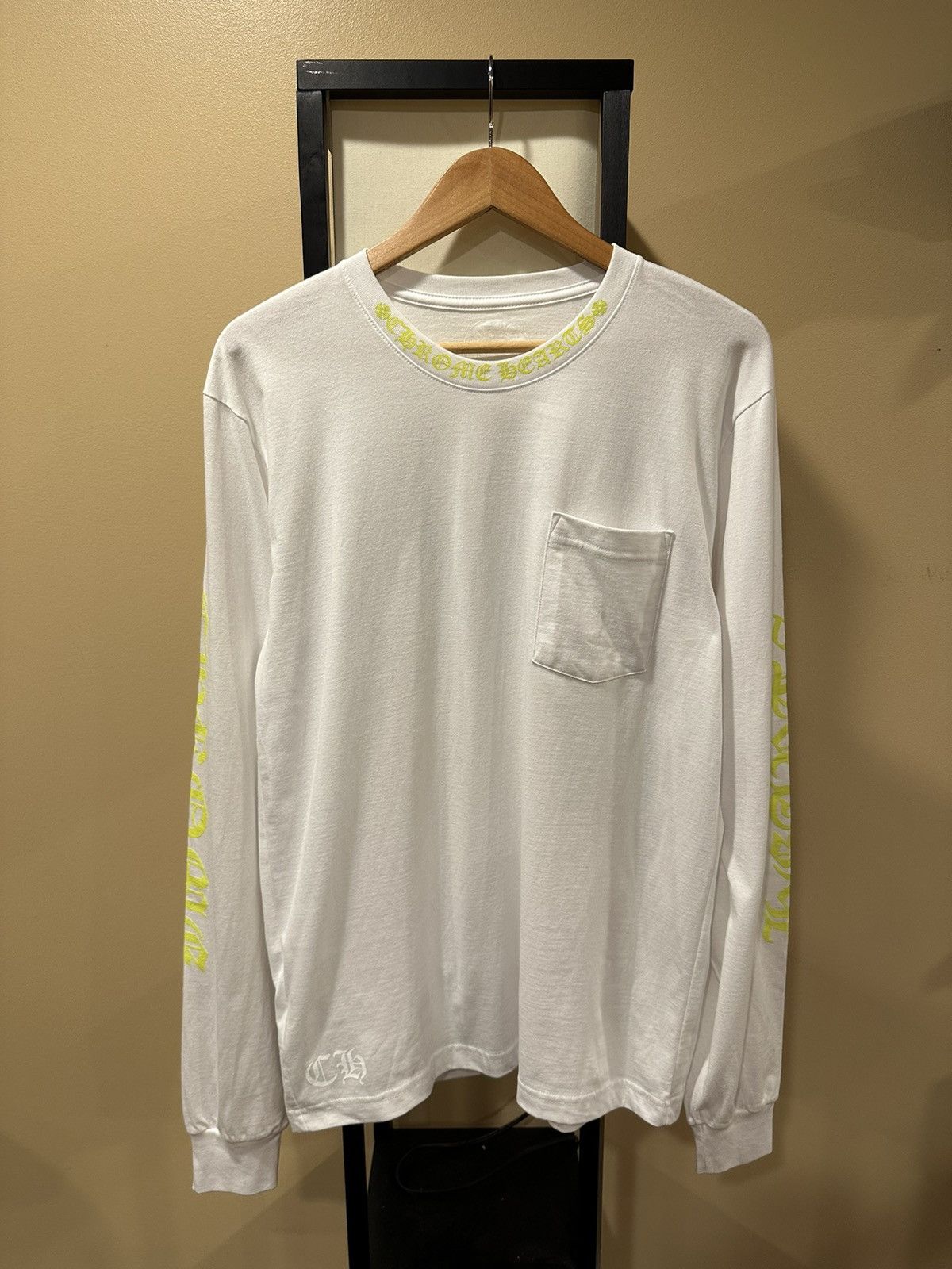 Chrome Hearts Chrome Hearts Yellow Script Neck Logo White Long Sleeve Tee | Grailed