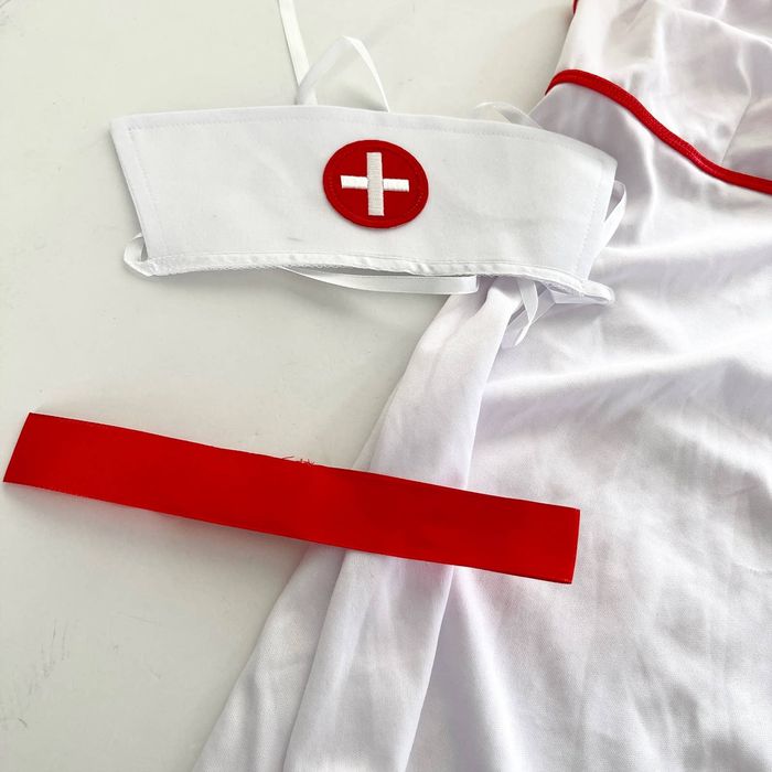 Sandy Liang Yandy Nurse Anita Shot Costume NEW L Mini Dress Choker Hat ...