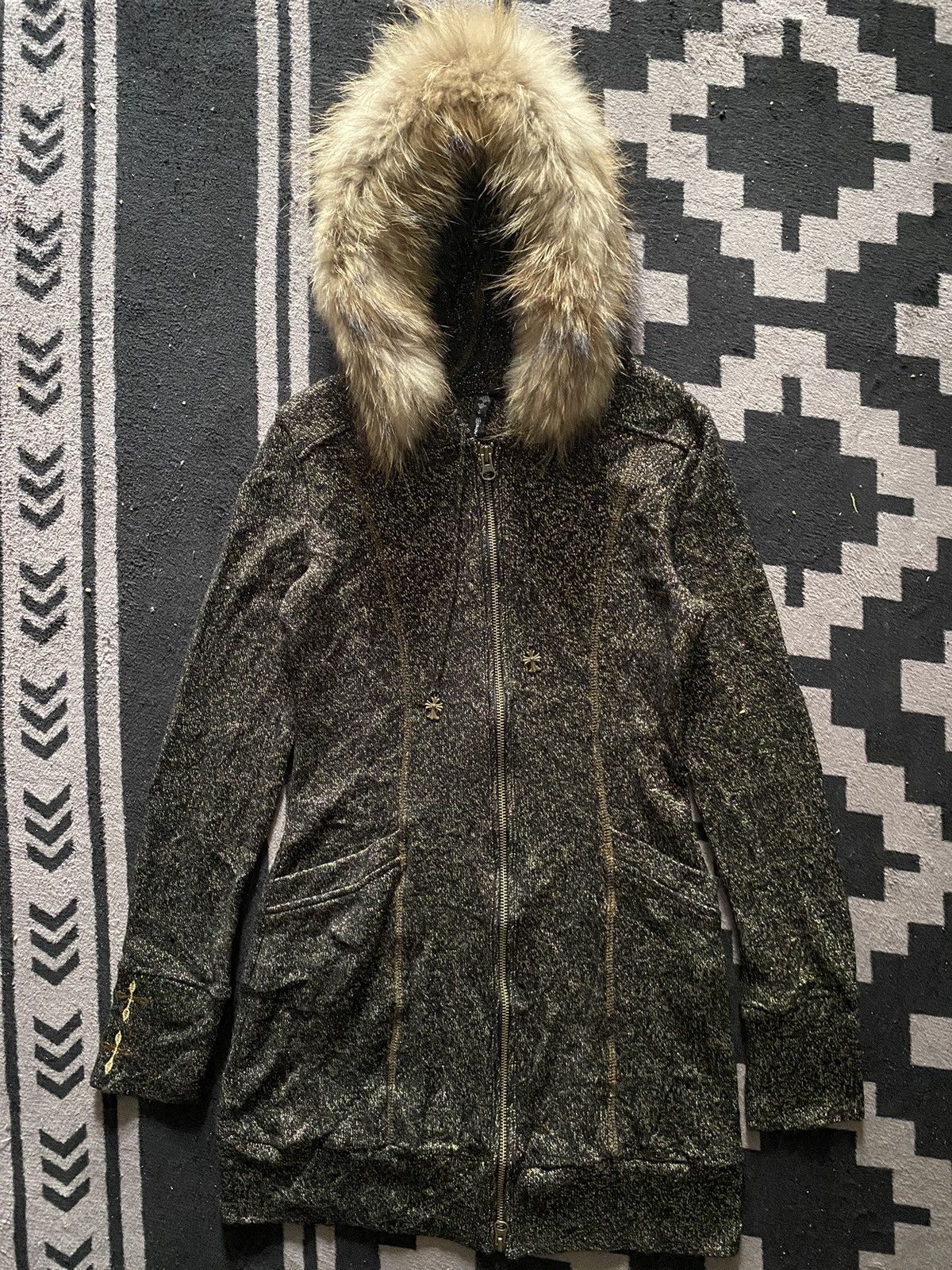 Yasuyuki Ishii Japanese Ozz Croce faux fur glitter knit full zip hoodie ...