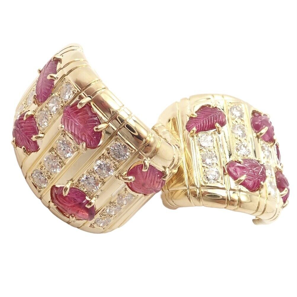 Other 18k Yellow Gold Diamond Carved Leaf Ruby Earrings | Grailed