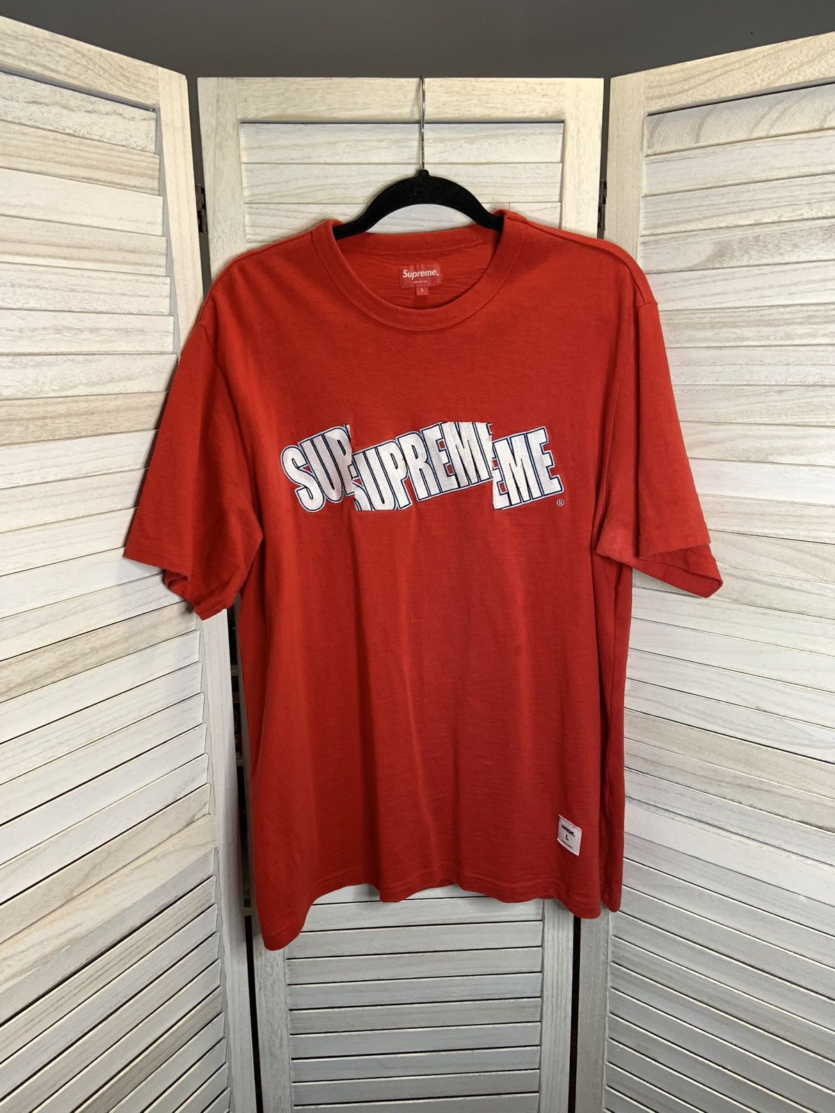 Supreme Supreme Red and White Cut Logo Embroidery Crewneck T Shirt ...