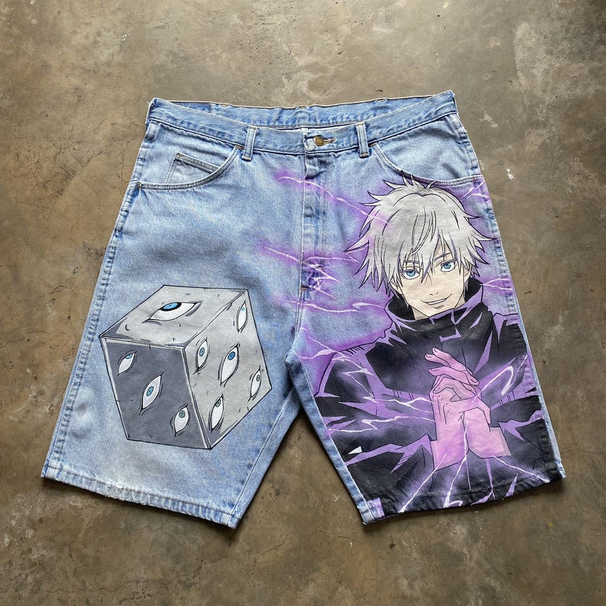 Anima × Custom × Wrangler Wrangler jorts custom hand painted Gojo | Grailed