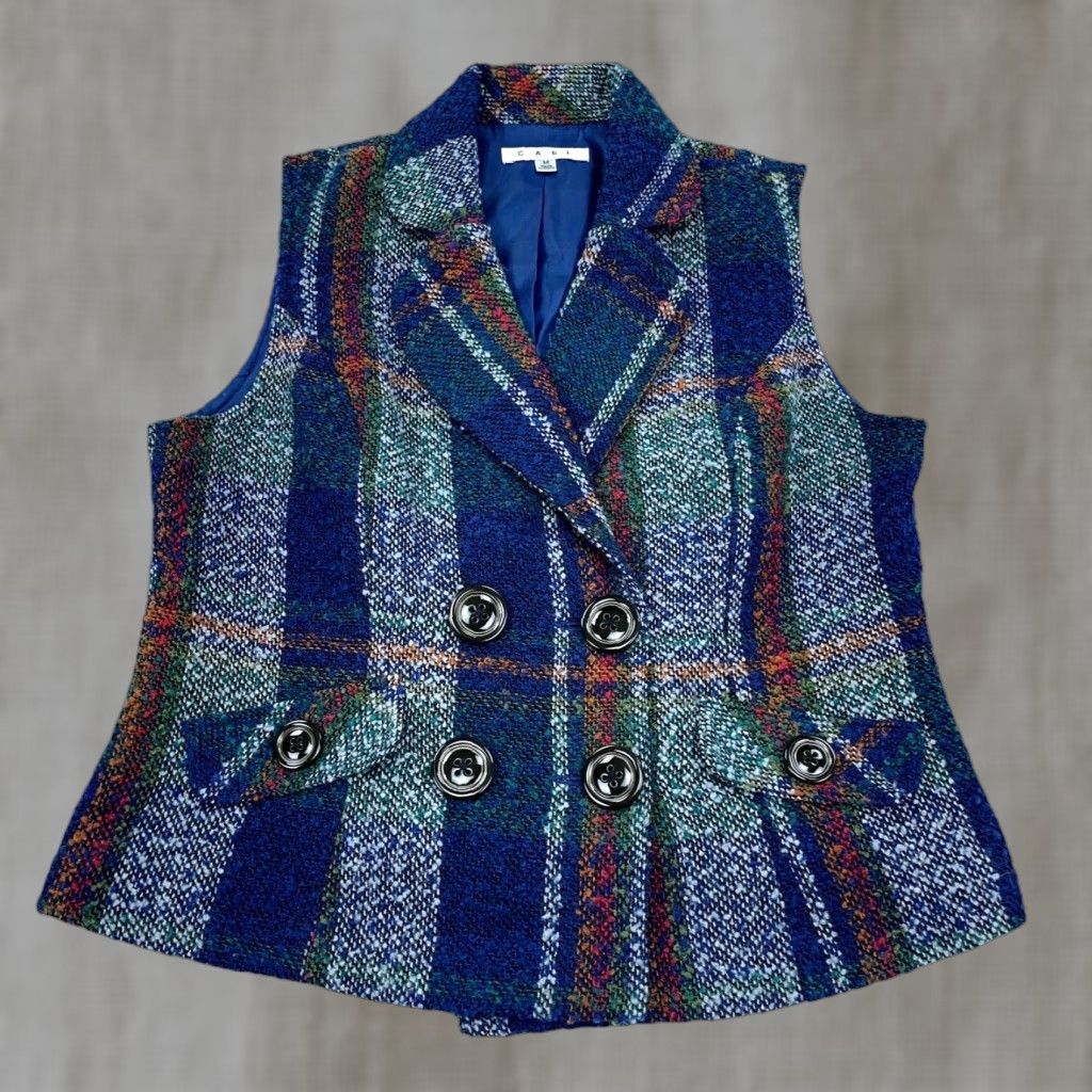 Vintage CAbi Vest Women Medium Blue Plaid Tweed Wool Blend Double ...