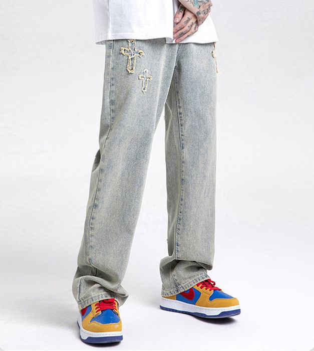 Jean Cross Embroidered High Street Wide-Leg Jeans | Grailed