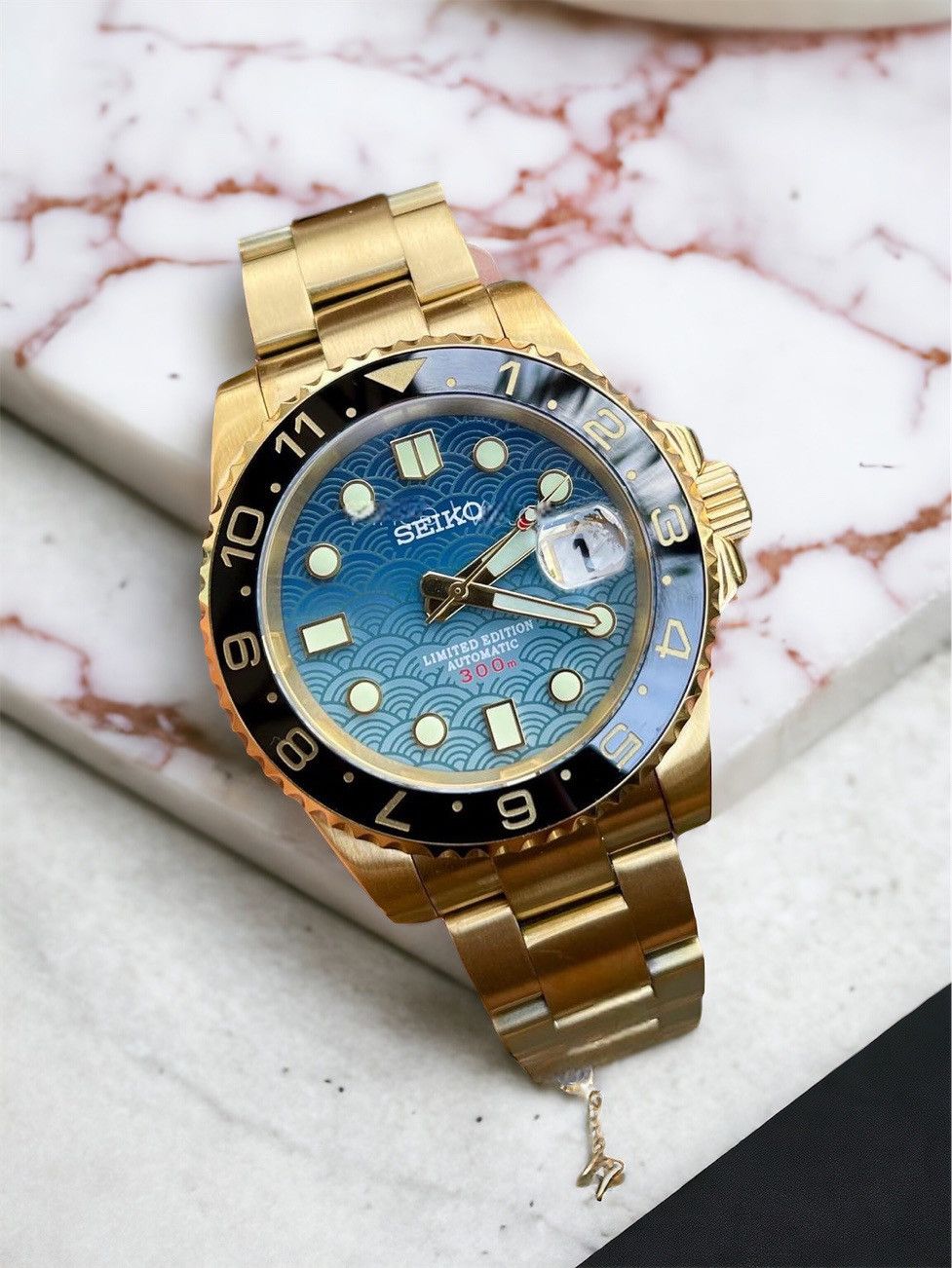 Japanese Brand × Seiko Seiko Mod GMT Master Blue Wave Gold 41mm ...