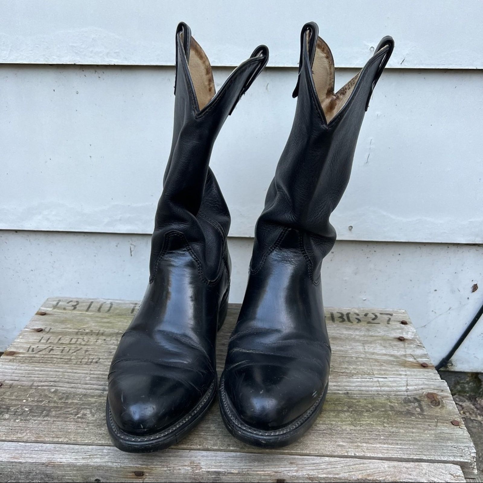 Vintage Double H 12" Work Western Smooth Black Leather Uniform Boot ...