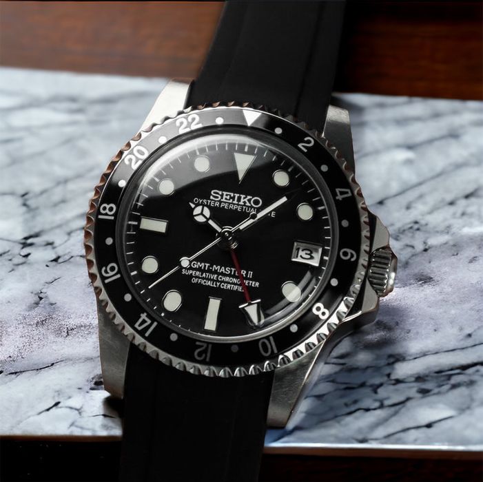 Seiko Seiko Mod Vintage GMT Master 1 Black Dial Rubber Strap | Grailed