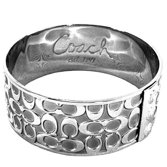 Coach Coach Silver Tone Signature C Logo Quilted Wide Bangle Brace ...