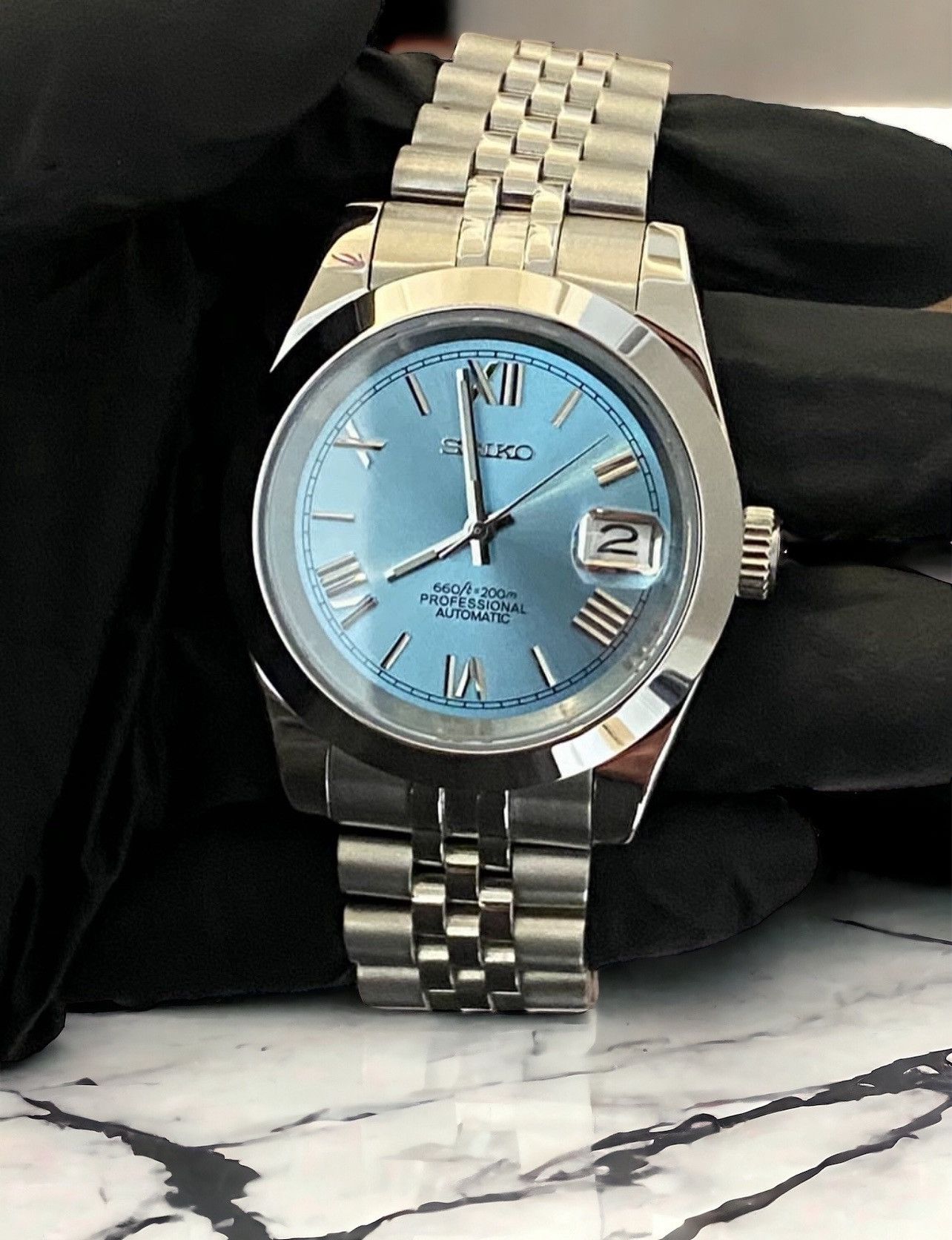 Japanese Brand × Seiko Seiko Mod Datejust Ice Blue Smooth Bezel Steel ...