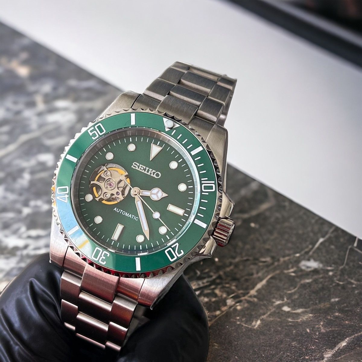 Seiko Seiko Mod Submariner Hulk Green Open Heart Automatic Watch | Grailed