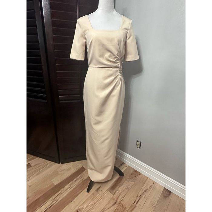 Unlisted JS Collections Sheath Dress 4 Beige Maxi Square Neck Beads ...