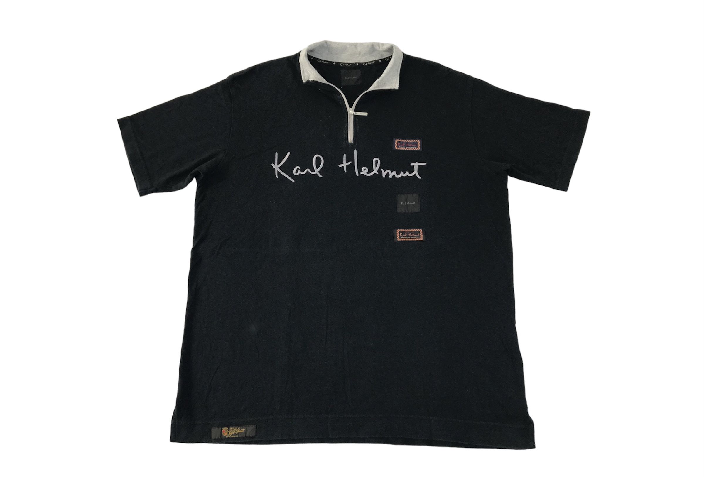 Japanese Brand × Karl Helmut × Streetwear Karl Helmut Zipper Neck Printed Logo Tee T-shirt | Grailed