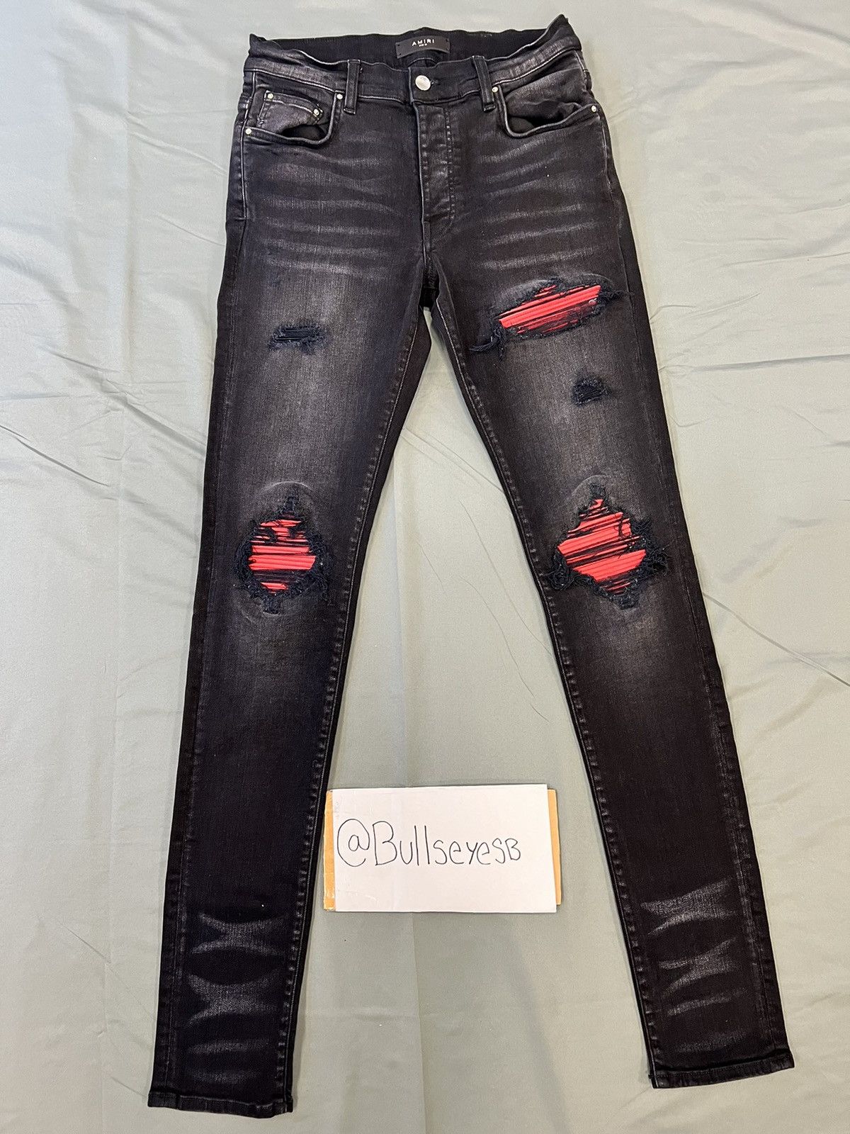 Amiri Amiri MX1 Red Ultra Suede Patch Aged Black Jeans | Grailed