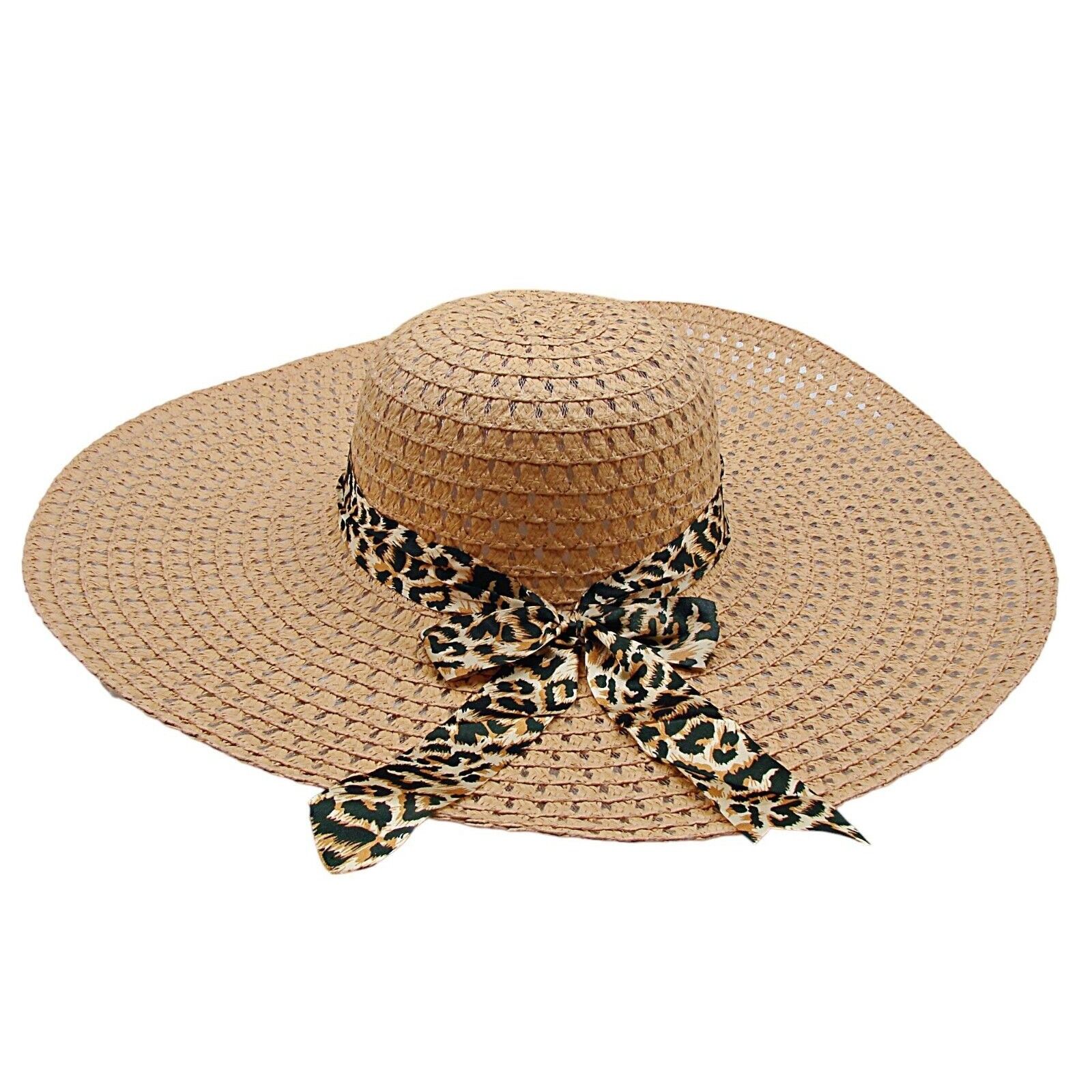Other Large Beige Leopard Bow Floppy Wide Brim Sun Hat Black Band | Grailed