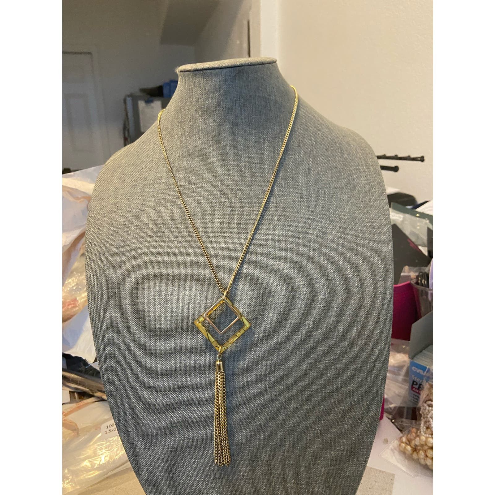 Generic Gold tone tassel fringe necklace yellow Diamond shape | Grailed