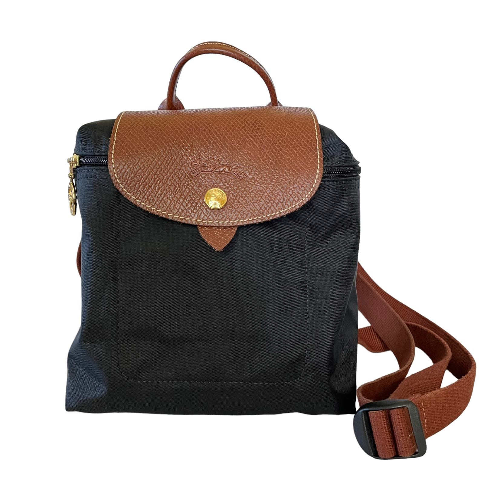 Longchamp Longchamp Mini Le Pliage Black Canvas Brown Leather Backpack ...