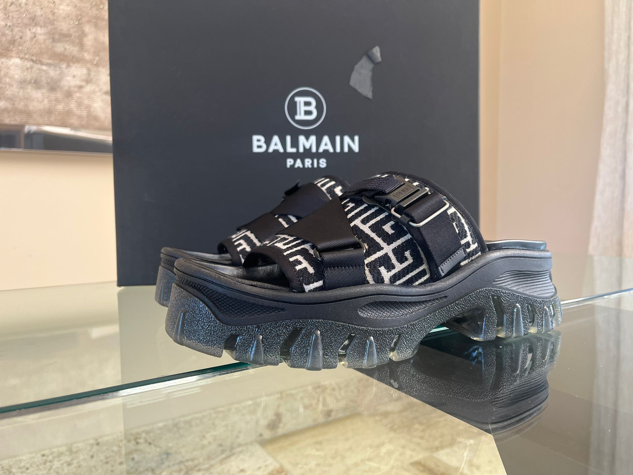 Balmain Logo Strap Chunky Sole Mule Sandals in Black | Grailed