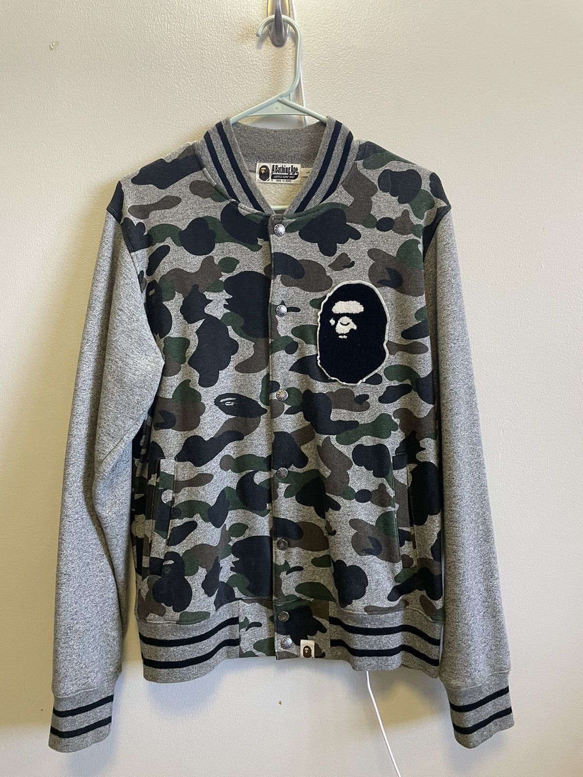 Bape Bape Grey Camo Cotton Varsity Jacket | Grailed