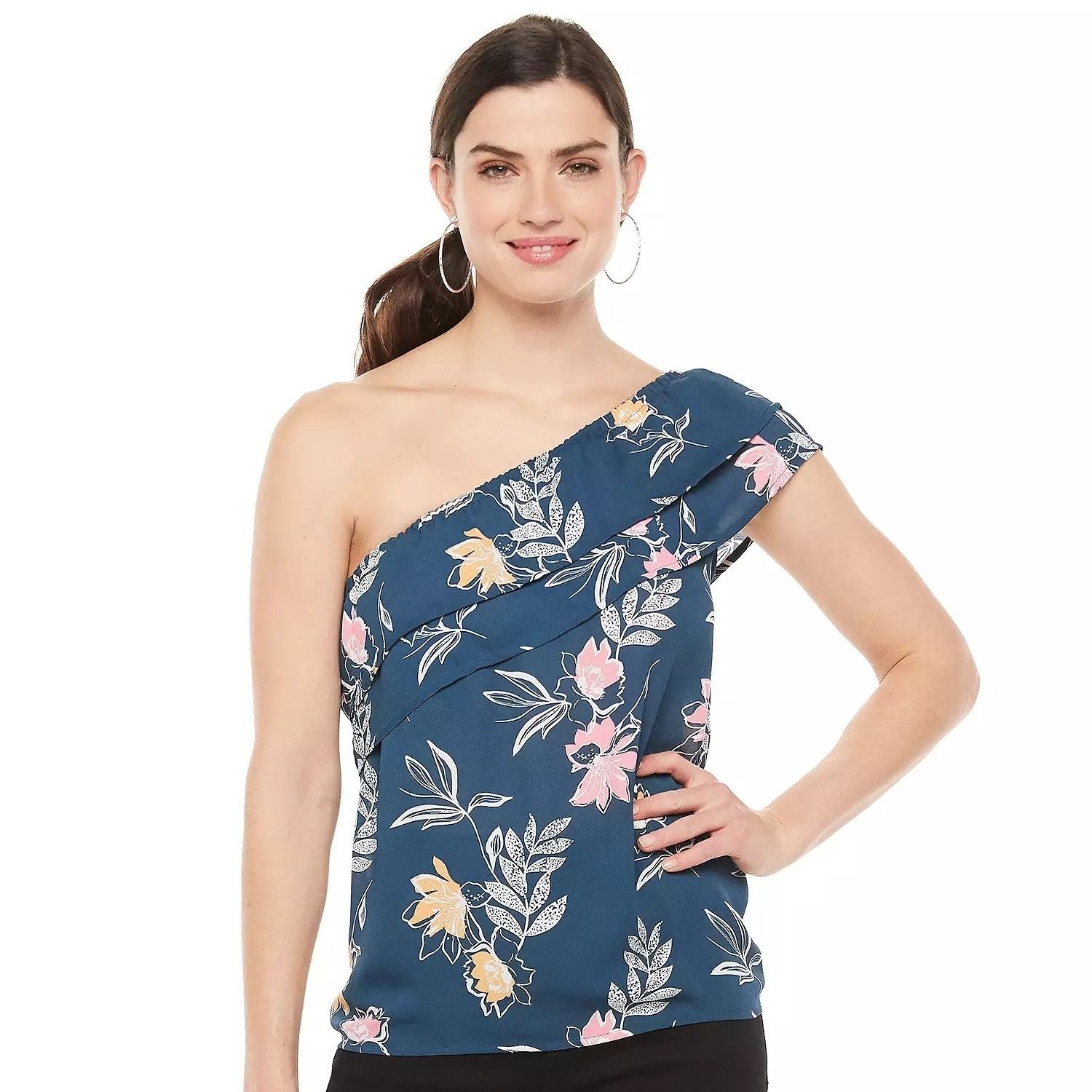 Other Apt.9 Women's Blue One Shoulder Floral Ruffle Top Large | Grailed