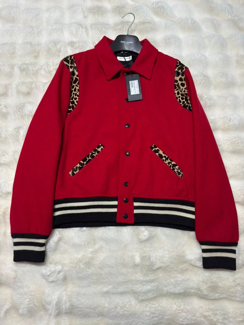 Saint Laurent Paris Saint Laurent Red Leopard Print Baseball Jacket ...