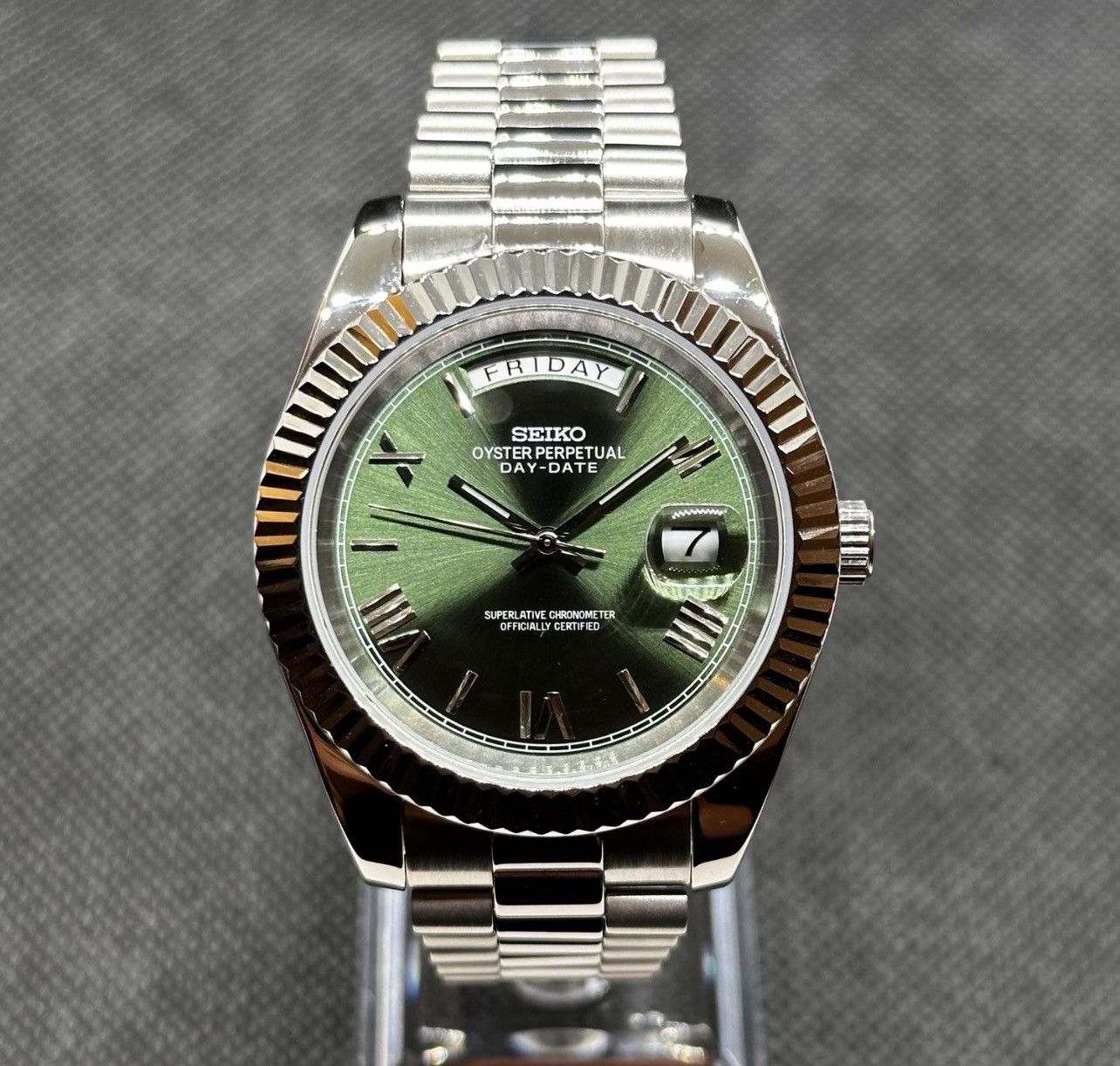 Custom Seiko Mod Day-Date Green Roman Presidential Watch 39mm | Grailed