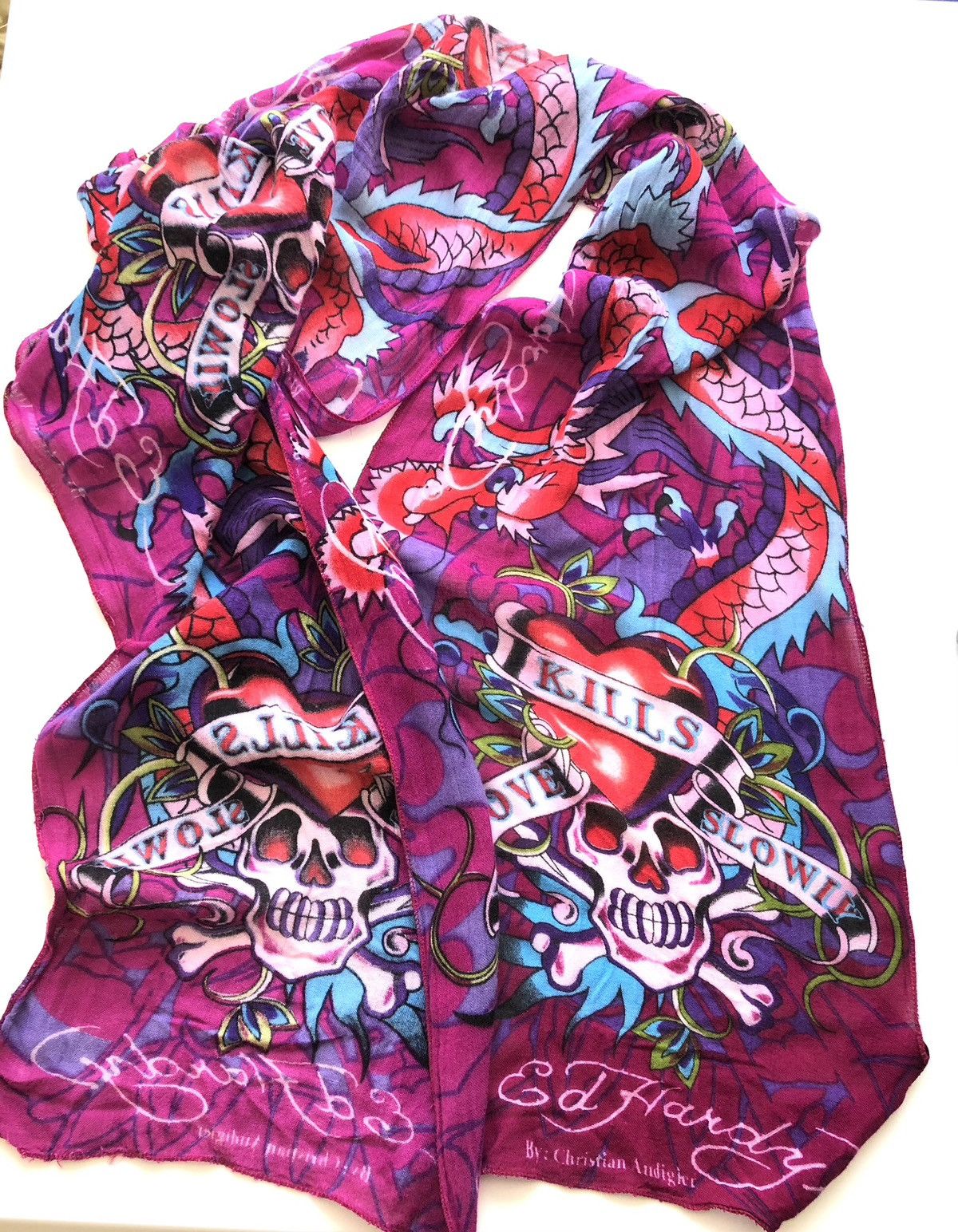 Ed Hardy Ed hardy multicolor skull dragon scarf y2k | Grailed