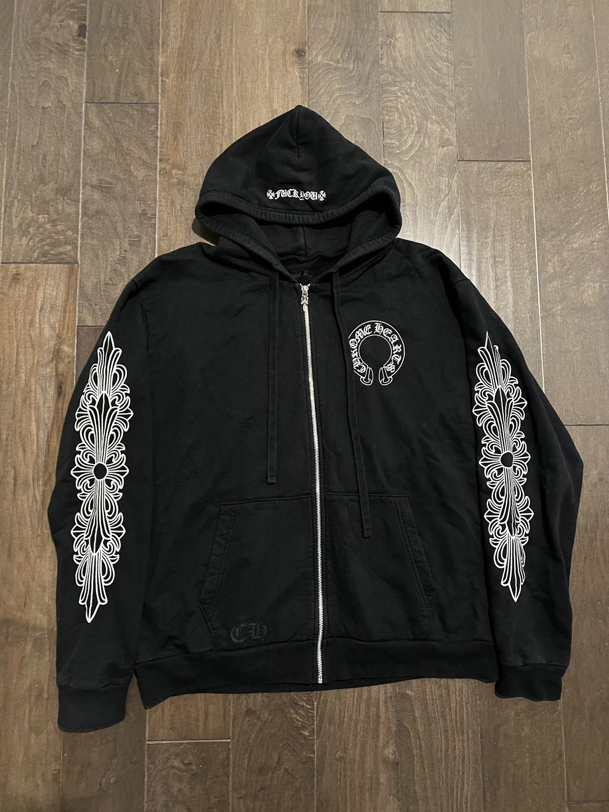 Chrome Hearts Chrome Hearts Horseshoe Floral Cross Sleeve Zip Up Hoodie ...