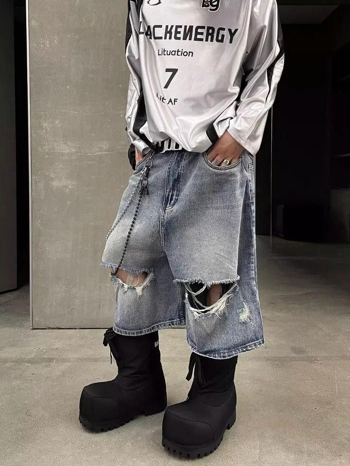 Jean × Streetwear Ripped Baggy Denim Jorts, Jean Shorts | Grailed