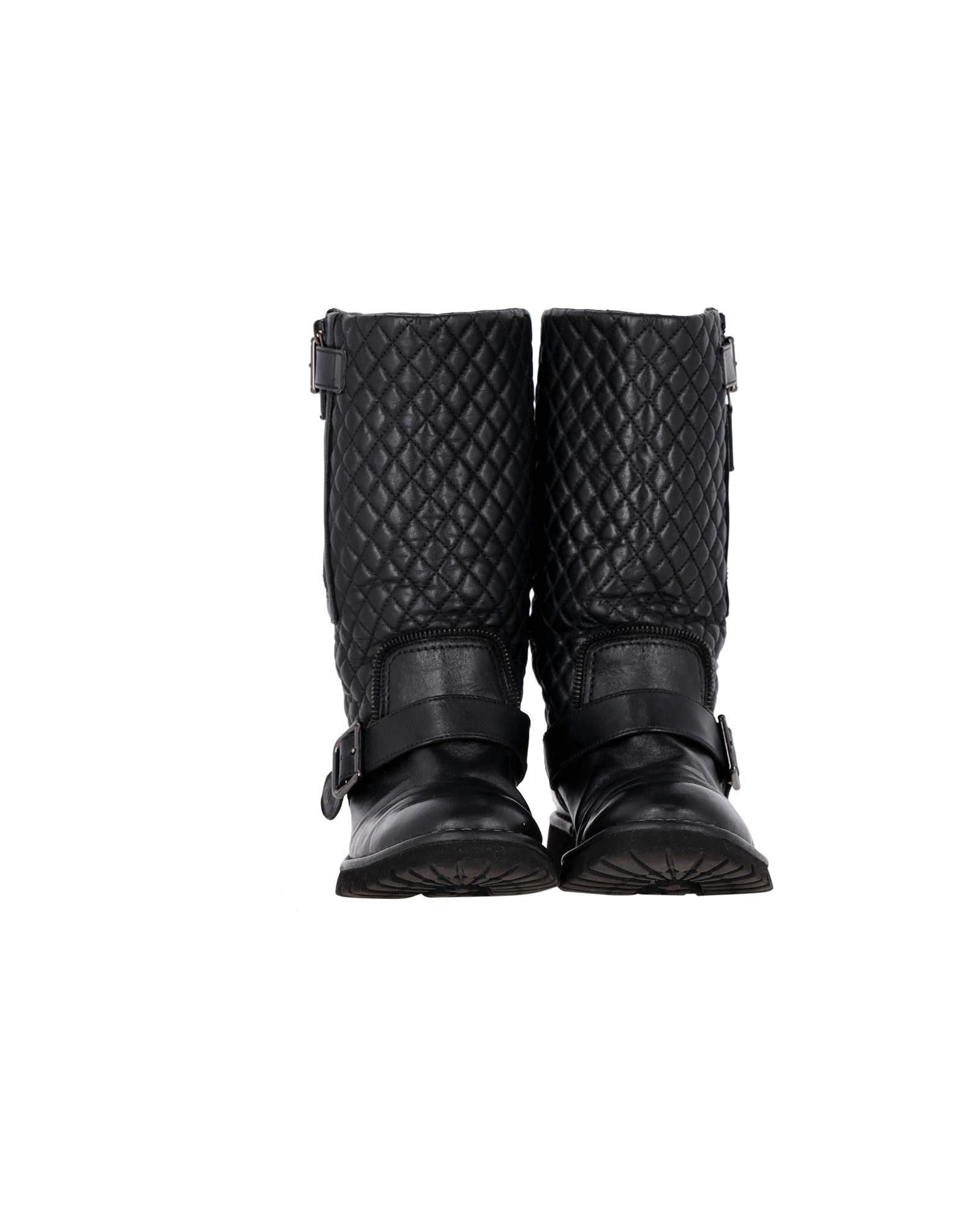 Chanel Quilted Mid-Height Motorcycle Boots in Black Leather | Grailed