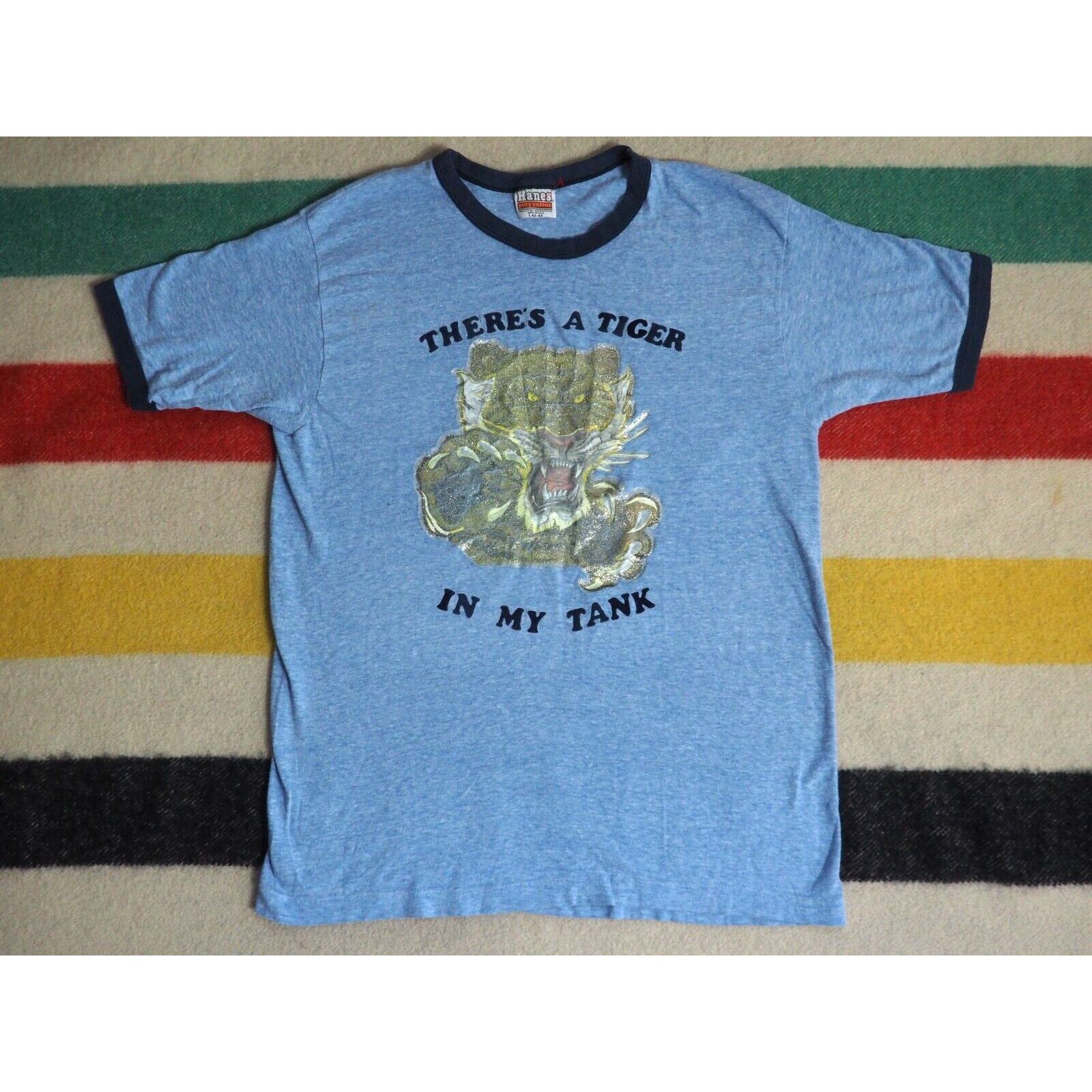 Hanes VTG 80s HANES Tiger Tank Animal Art Blue Ringer Flock Tee T-Shirt ...