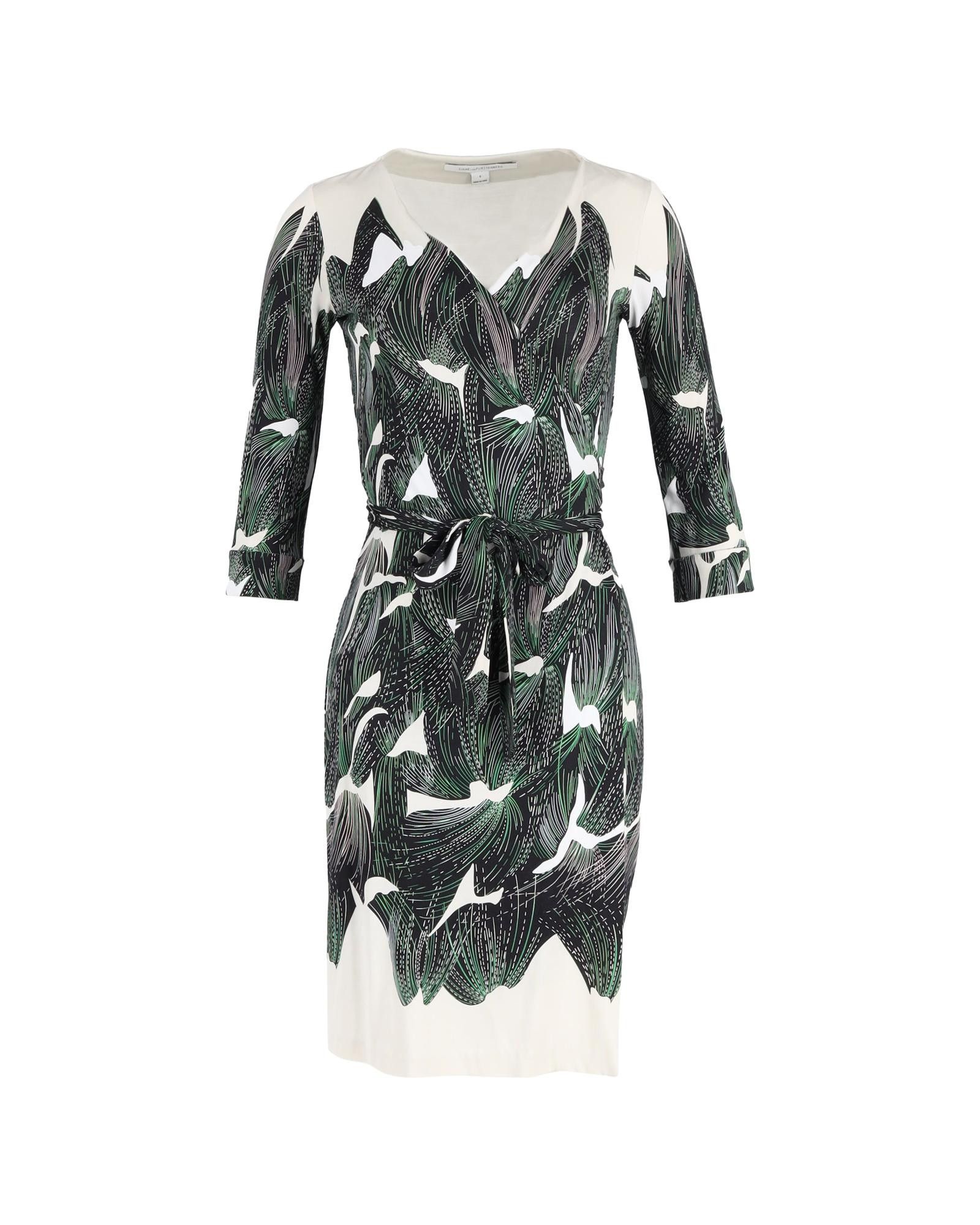 Diane von Furstenberg Green Silk Printed Wrap Dress with Sash-Tie ...