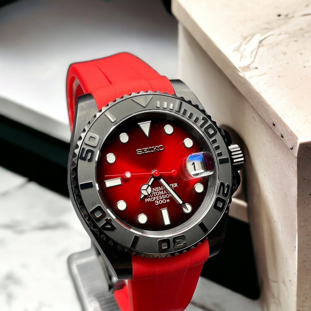 Seiko Seiko Mod Yachtmaster 41mm Red Dial Black Oysterflex Watch | Grailed