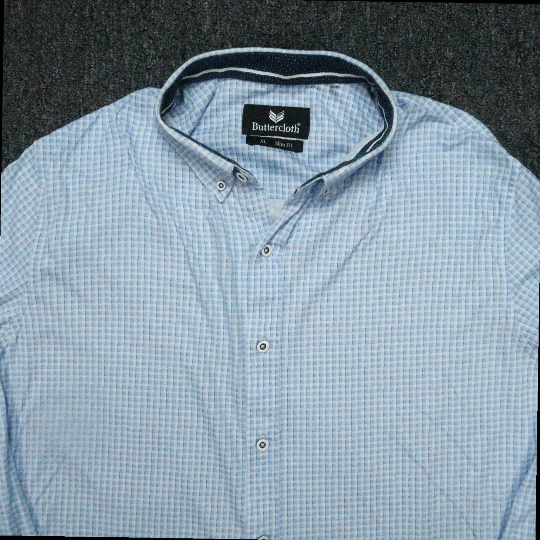 Vintage Mens Extra Large Slim Fit Blue Long Sleeve Buttercloth Check ...