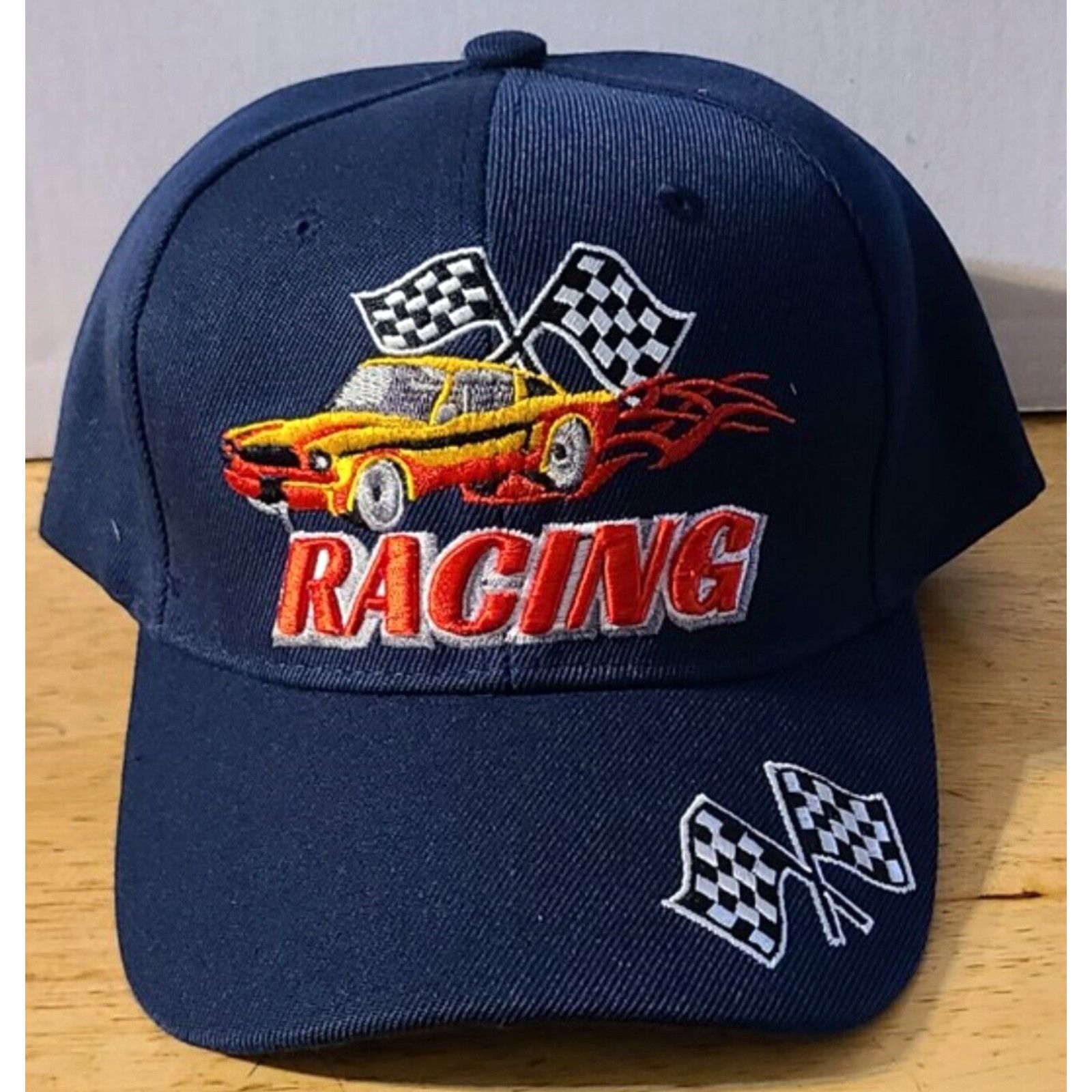 Vintage RACING CAR FLAMES CHECKERED FLAG RACE BASEBALL CAP ( DARK BLUE ...