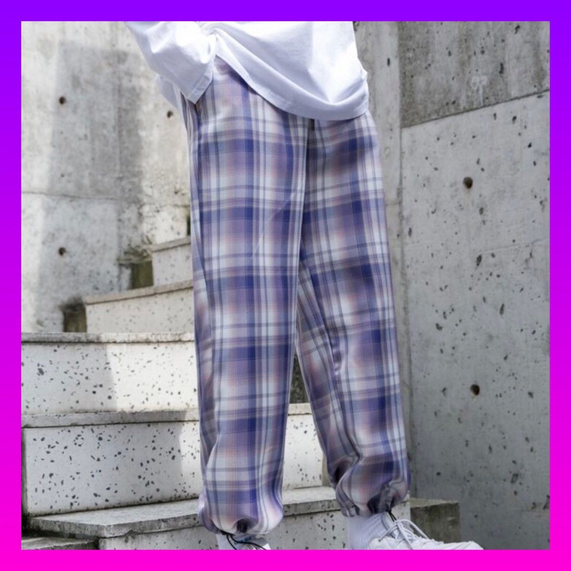 Shein Manfinity Drawstring Hem Purple & White Plaid Pants NWOT Lrg ...