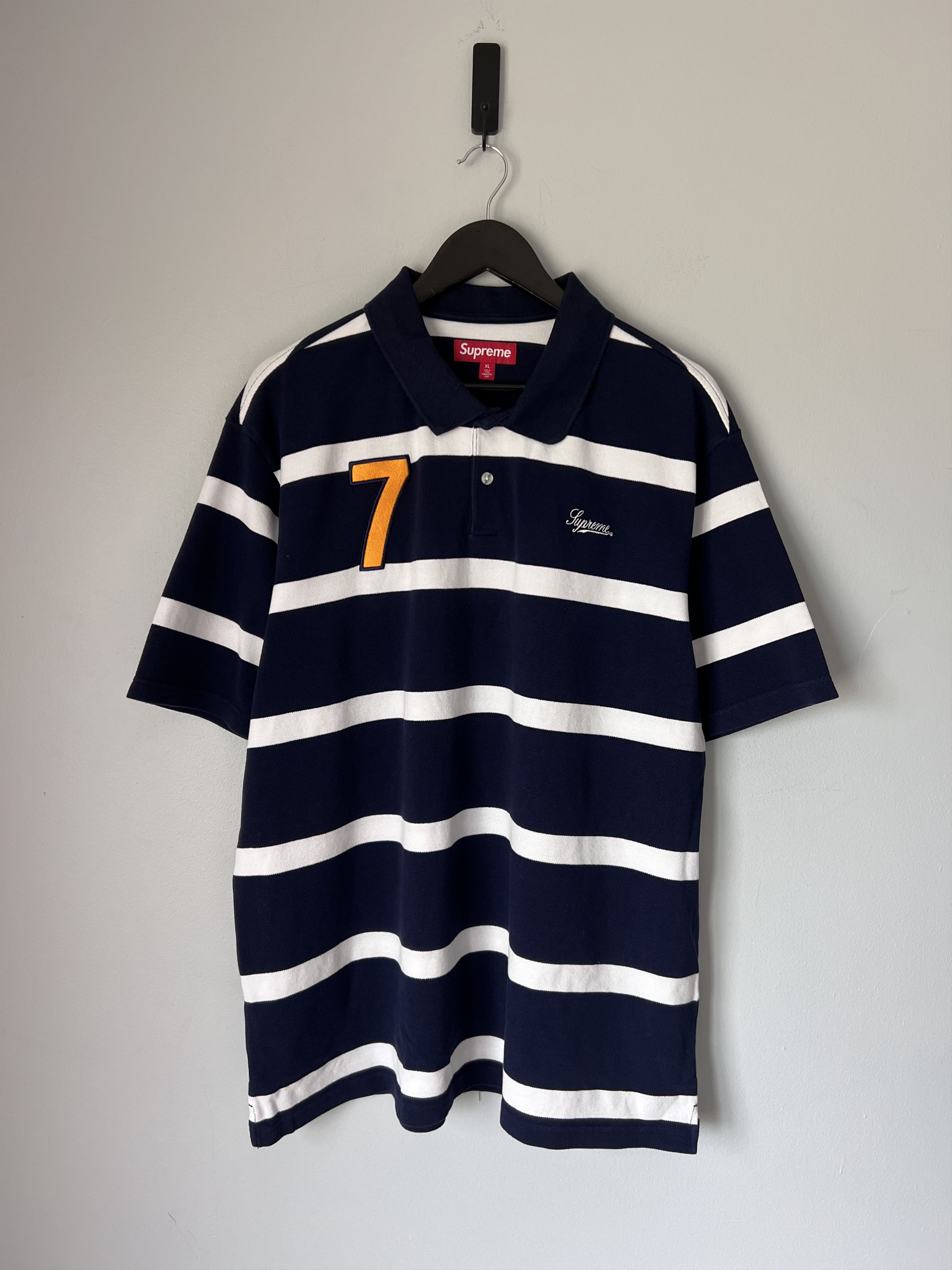 Supreme Supreme Cursive Polo in Navy Stripe | Grailed
