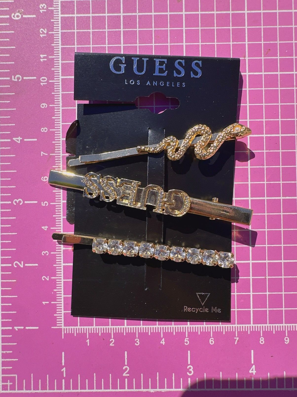 Guess Guess 3pc hair clips gold tone snake + logo + diamonds paved ...