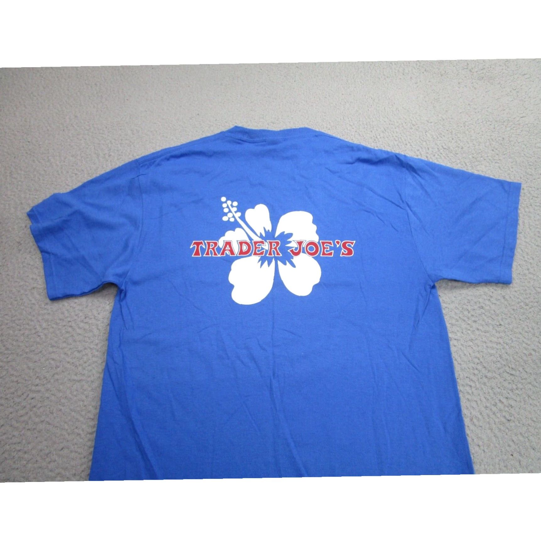 Vintage Trader Joes Mens Classic Blue Hibiscus Flower Logo Medium Adult ...