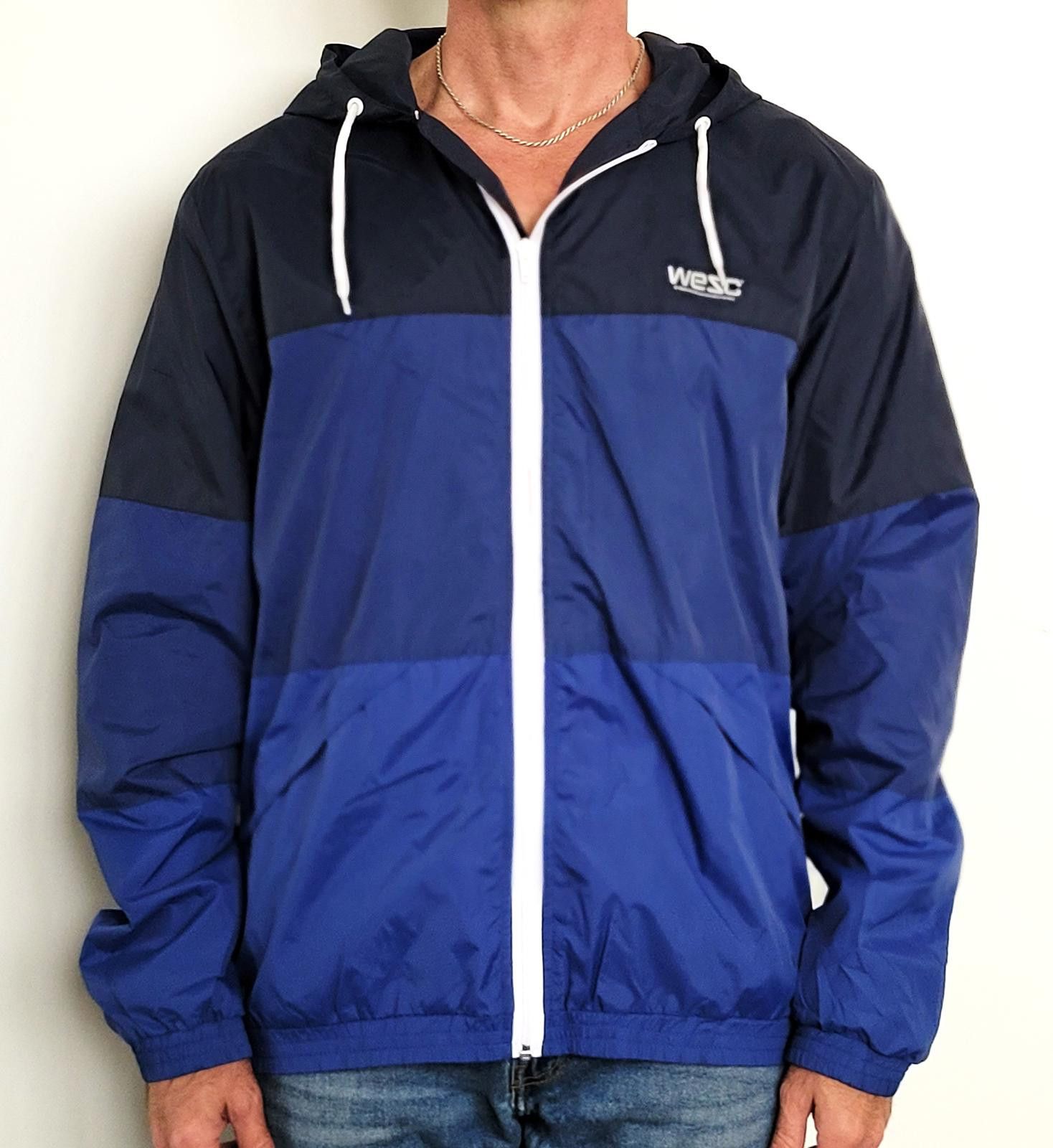 WeSC WeSC Men’s Large Hooded Windbreaker Blue & Black Zip Front | Grailed