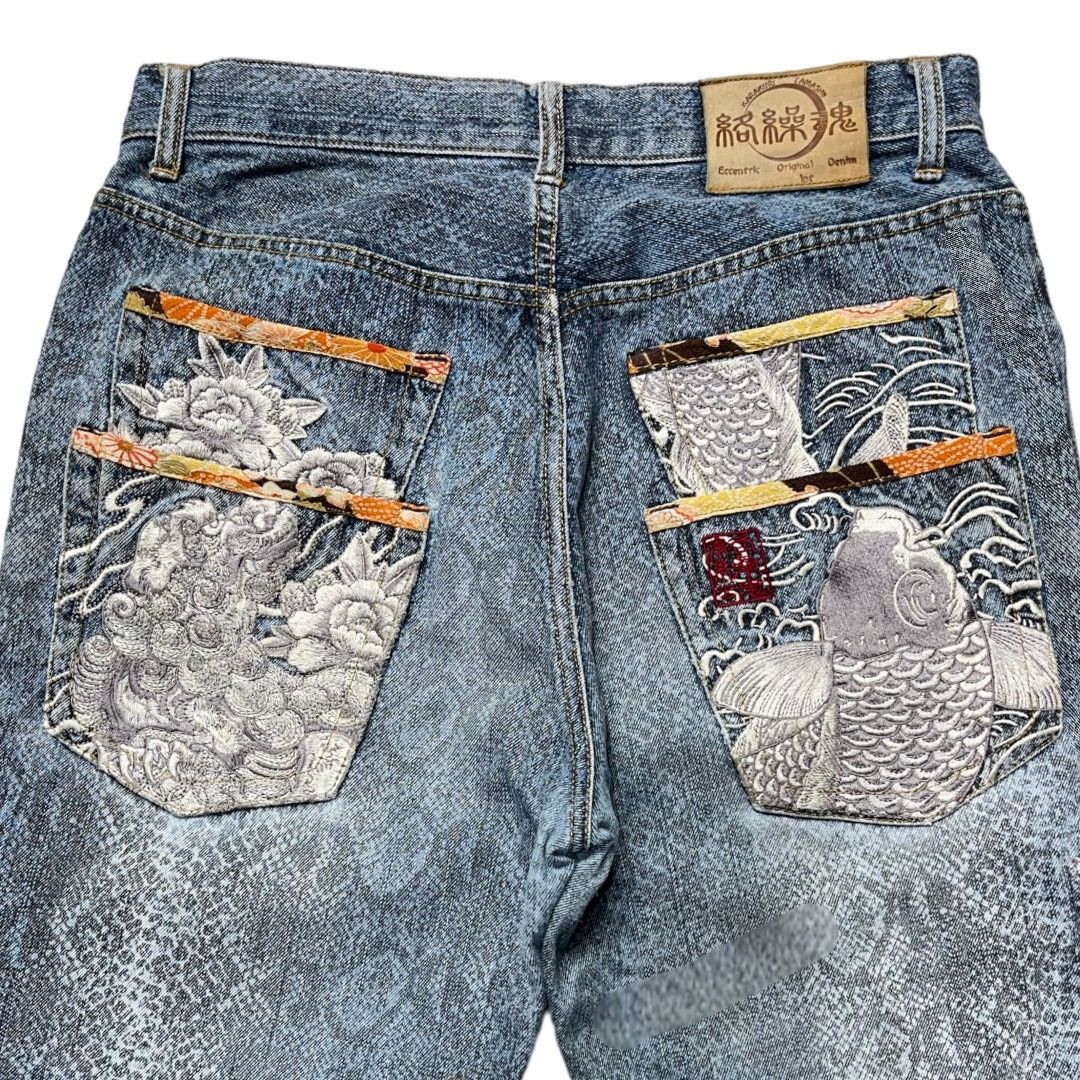 Japanese Brand × Vintage KARAKURI TAMASHII KOI FISH EMBROIDERED JEANS ...